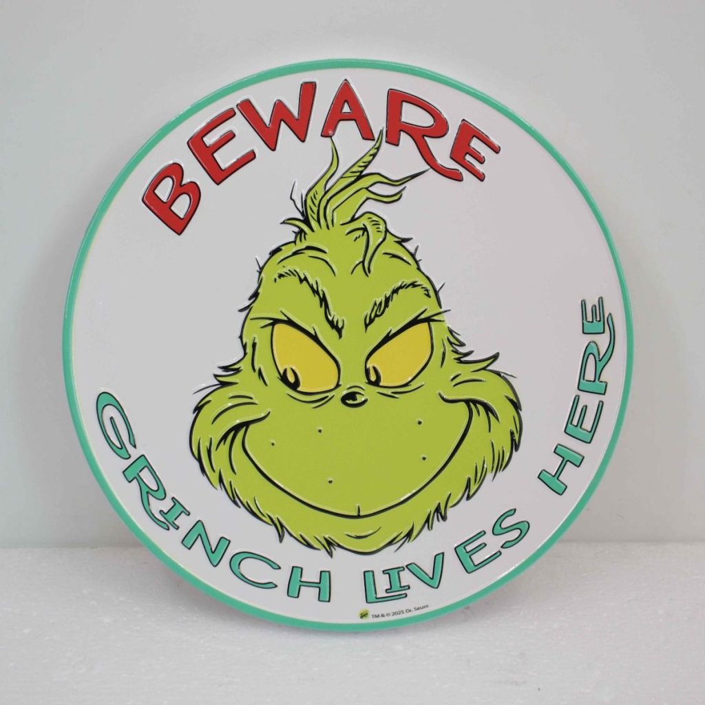 Beware Grinch Live Here Metal Round Sign – Santa's Little Helper ...